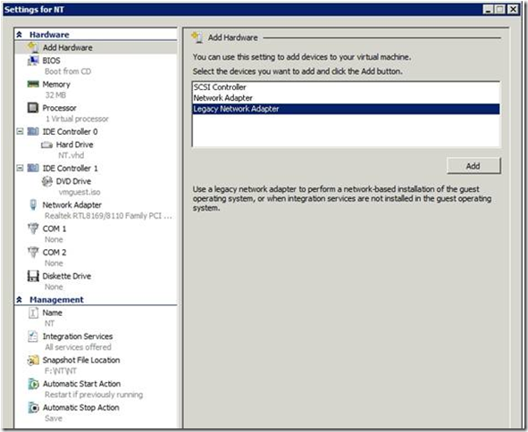 SCCM 2012: A legacy network adapter : Hyper - V